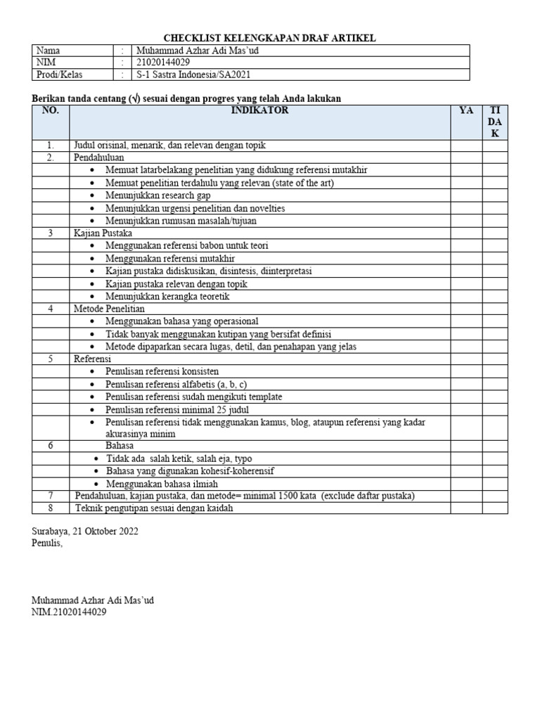 2022-Checklist Kelengkapan Draf Artikel | PDF