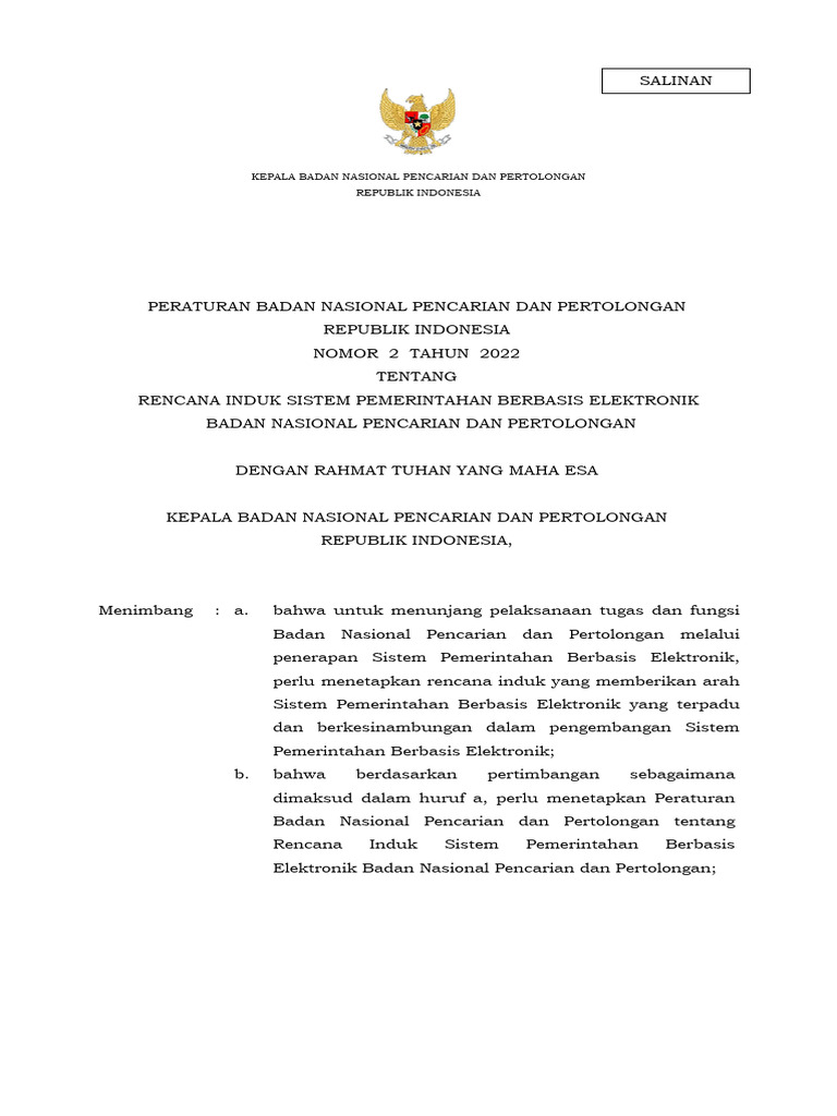 2022 - Perbadan 2 TTG Rencana Induk Sistem Pemerintahan Berbasis Elektronik Badan Nasional ...