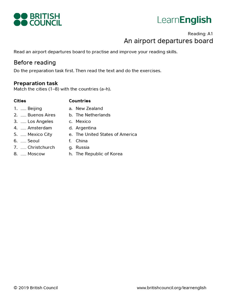 Reading Practice: Airport Departures Board | PDF