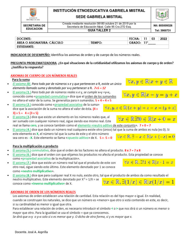 Guía-taller 2 Cálculo 11° virtual | PDF | Multiplicación | Campo (Matemáticas)