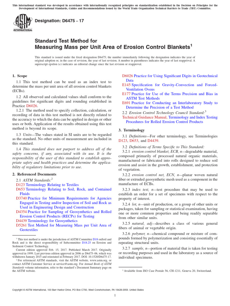 Measuring Mass Per Unit Area of Erosion Control Blankets: Standard Test ...
