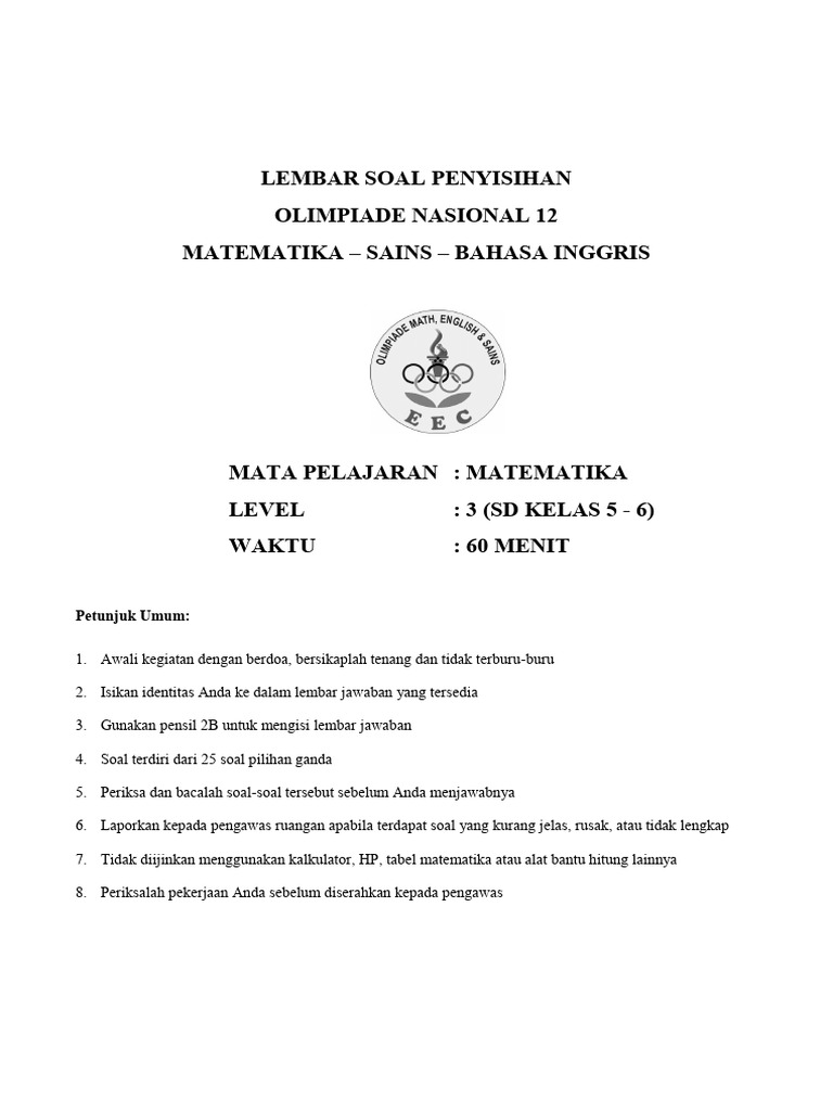 Soal Math Level 3 Omnas 12-1 | PDF | Metode & Bahan Ajar | Griya & Taman