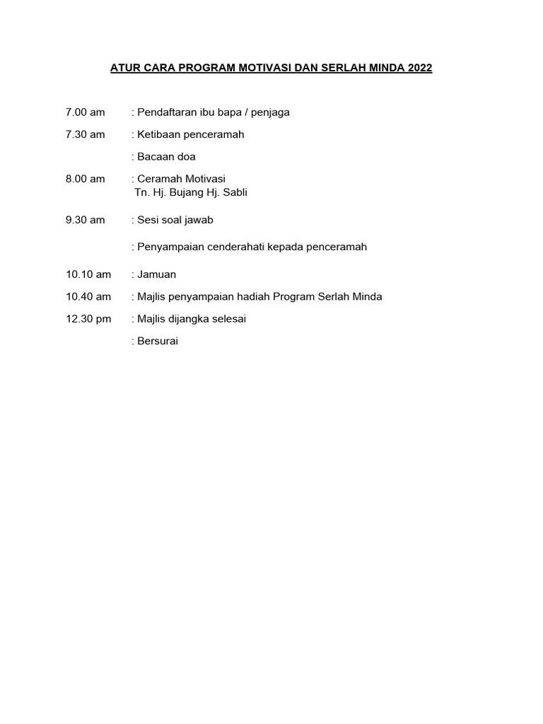 Atur Cara Program Motivasi Dan Serlah Minda 2022 | PDF