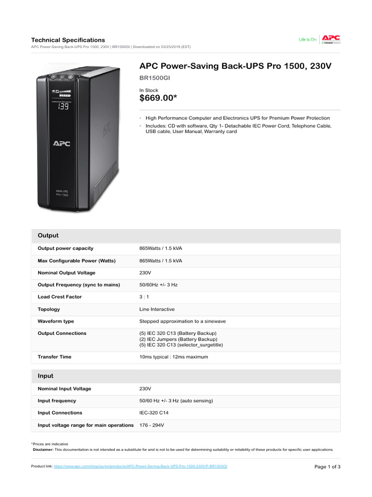APC Back-UPS Pro 1500 Specifications | PDF | Mains Electricity ...