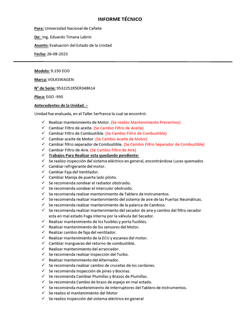 Informe Técnico Ego-950 u Cañete | PDF | Coche | Vehículo de motor