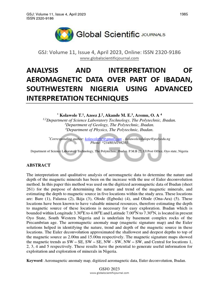 Analysis and Interpretation of Aeromagnetic Data Over Part of Ibadan ...