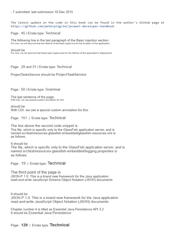Java EE 7 Developer Handbook - Errata | PDF | Json | Computer Programming