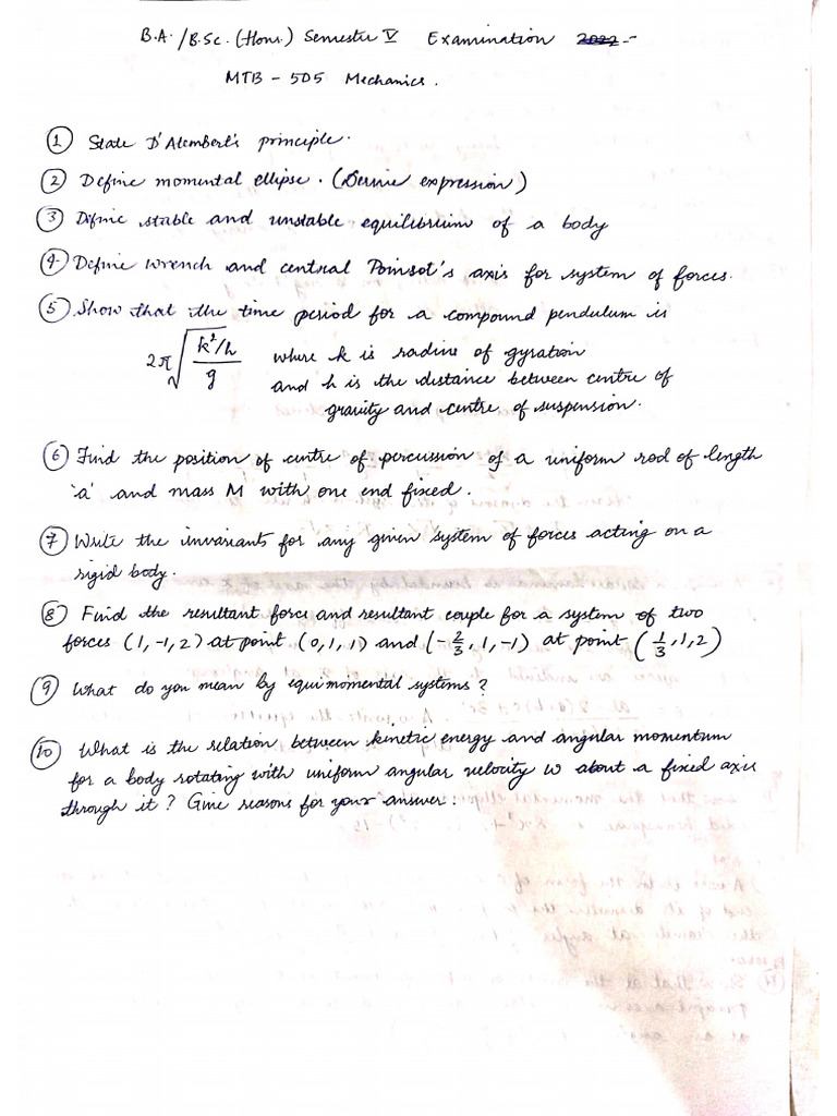 Mechanics Question Paper | PDF