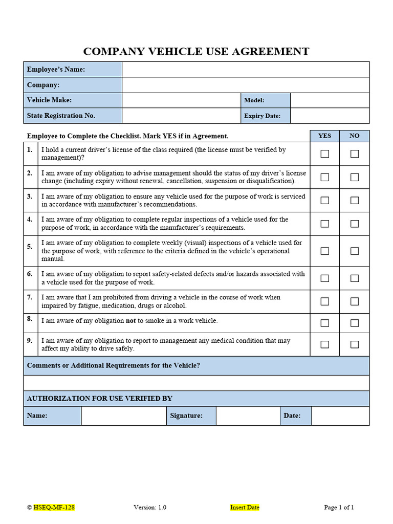 Company Vehicle Use Agreement | PDF