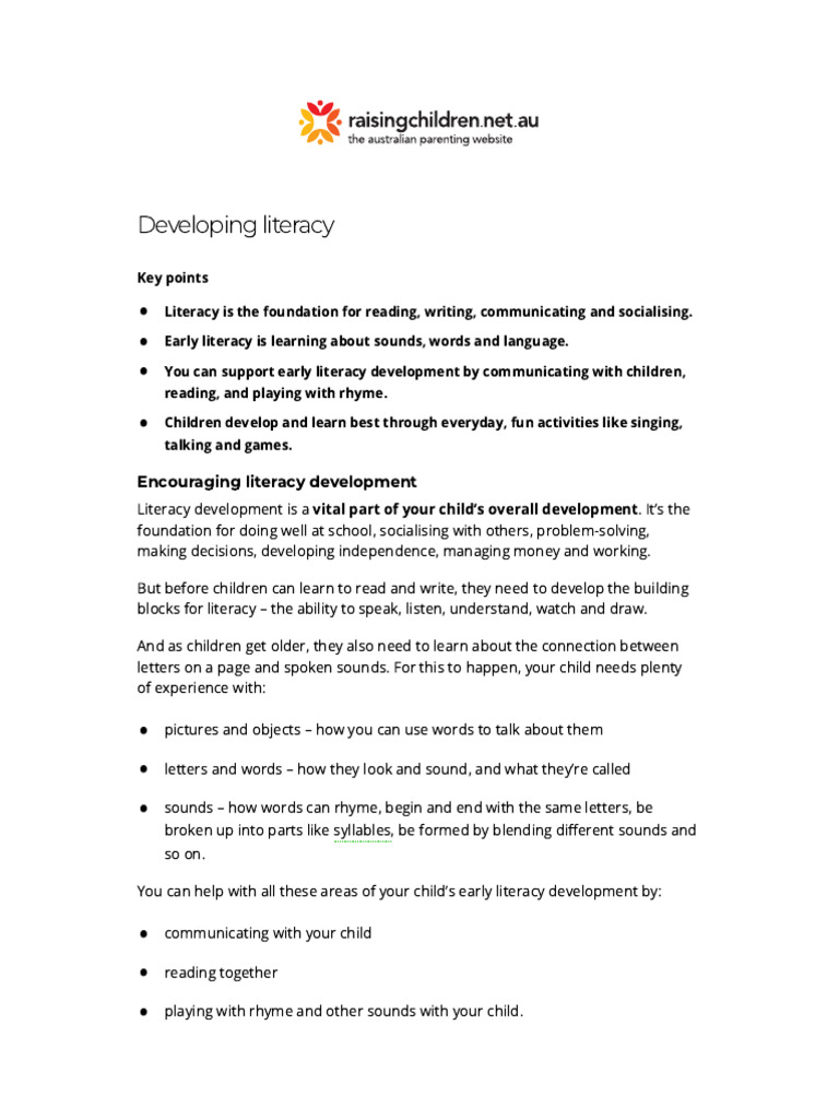 Early Literacy Development Tips for Parents | PDF | Literacy ...