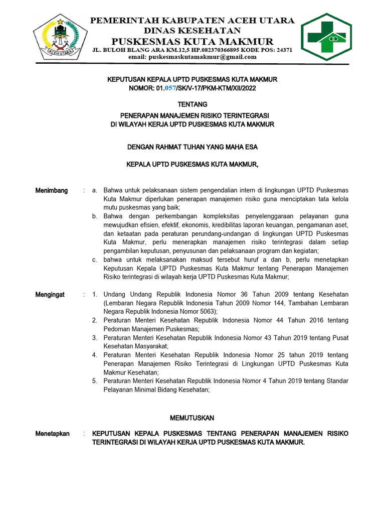 5.2.1.a SK Manajemen Risiko Puskesmas Kuta Makmur Nomor 01. 057.SK.V-17.PKM-KTM - XII.2022 | PDF