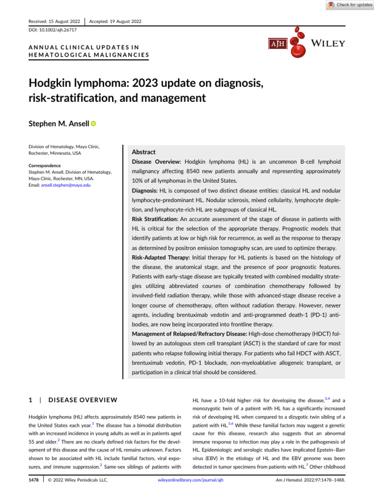American J Hematol - 2022 - Ansell - Hodgkin Lymphoma 2023 Update On ...