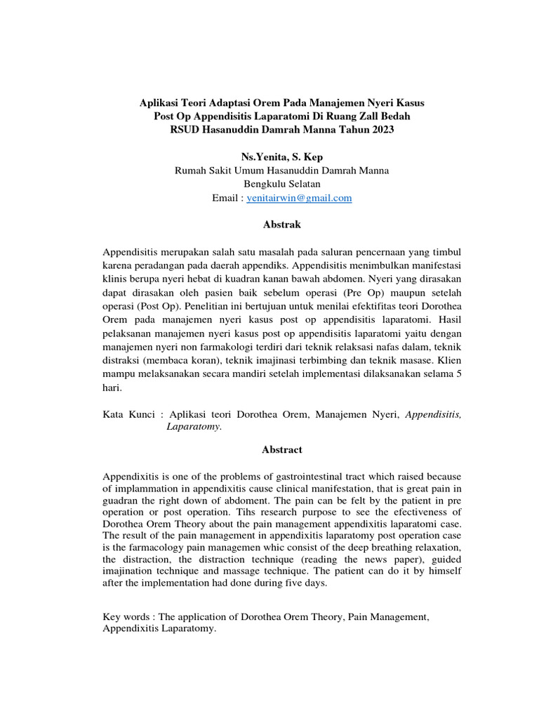 Aplikasi Teori Adaptasi Orem Pada Manajemen Nyeri Kasus Post Op ...