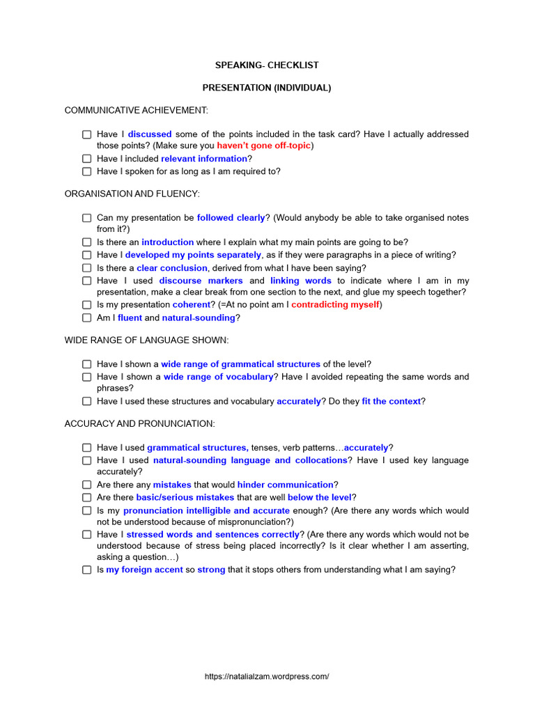Speaking - Checklist - Presentation | PDF