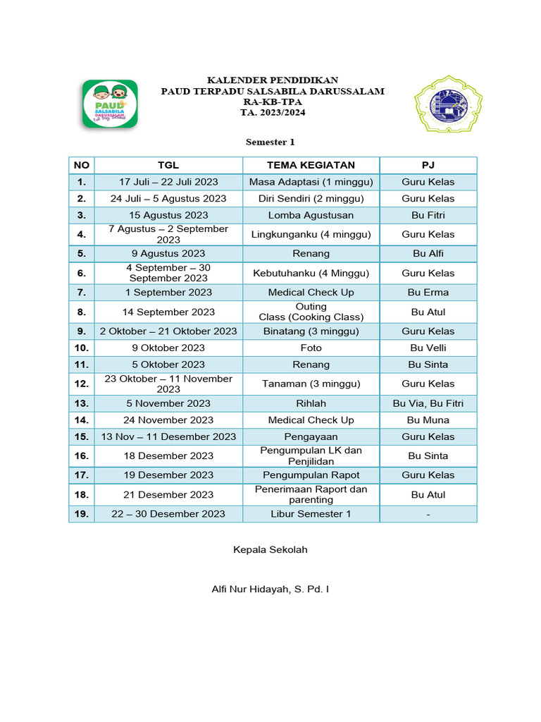 Contoh KALENDER PENDIDIKAN RA TA. 2023-2024 | PDF