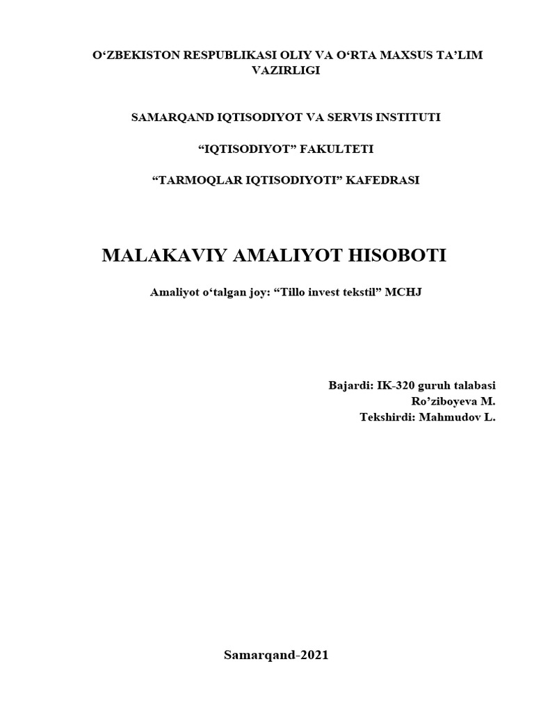Malakaviy Amaliyot Hisoboti | PDF