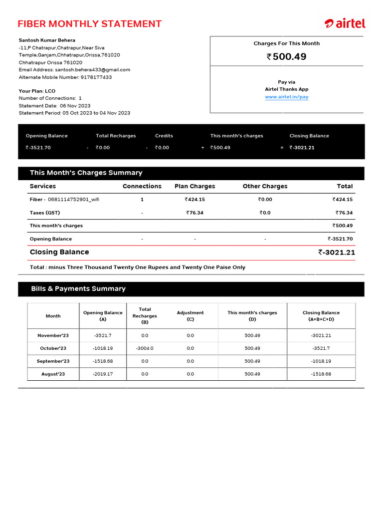 Fiber Monthly Statement: This Month's Charges Summary | PDF | Credit ...