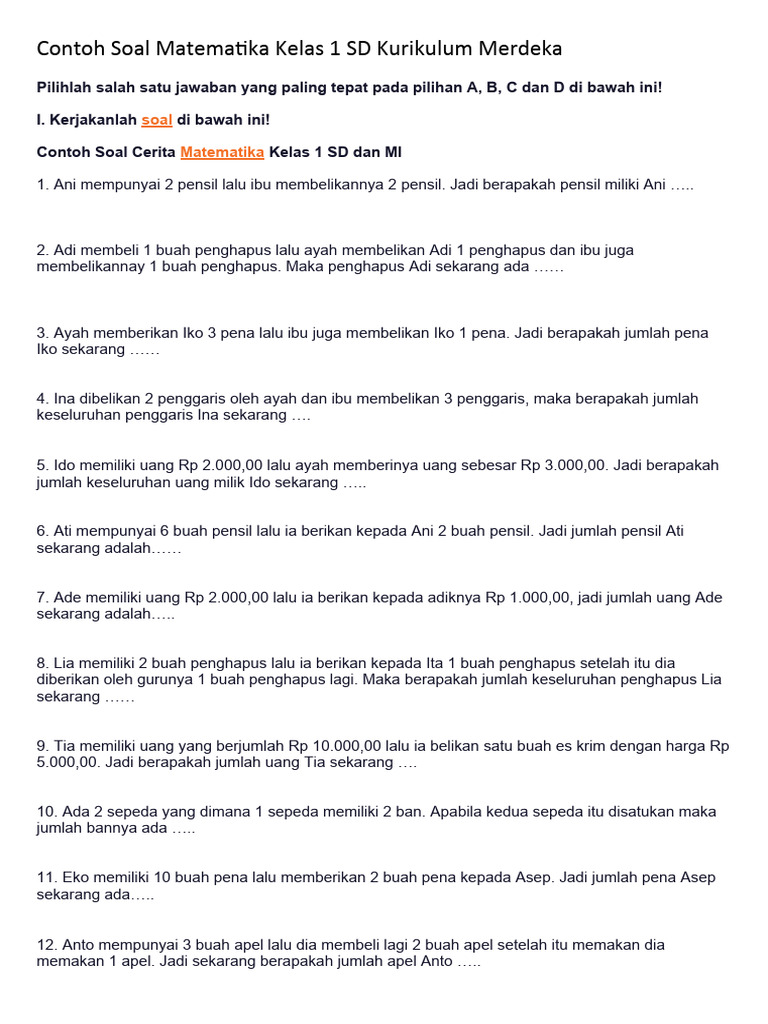 Contoh Soal Matematika Kelas 1 SD Kurikulum Merdeka | PDF | Memasak ...