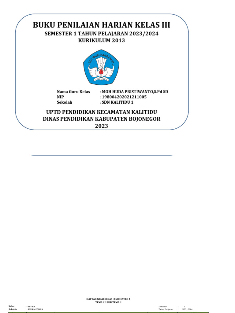 Format Daftar Nilai Harian K13 Kelas 3 | PDF Format Daftar Nilai Harian K13 Kelas 3 | PDF