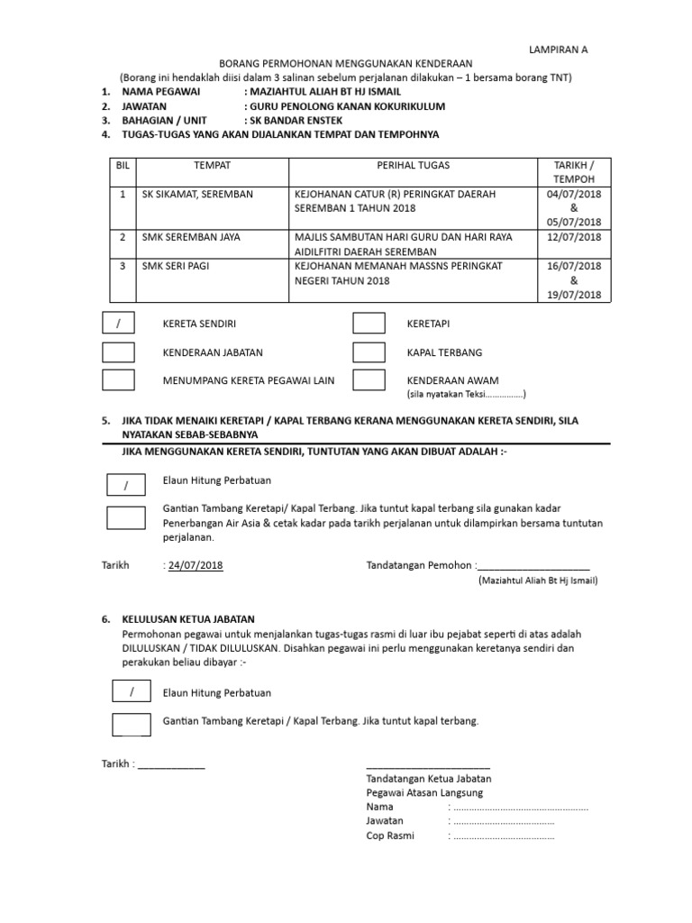 Lampiran A - Borang Permohonan Menggunakan Kenderaan-K.adu | PDF