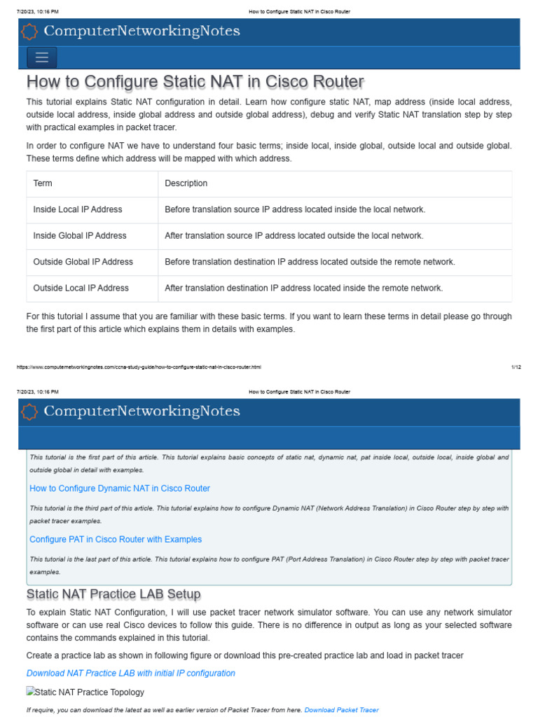 How To Configure Static Nat In Cisco Router Pdf Ip Address Router Computing
