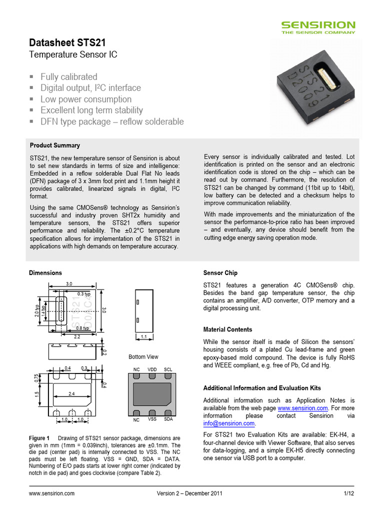 Sensirion Temperature Sensors STS21 Datasheet | Download Free PDF ...