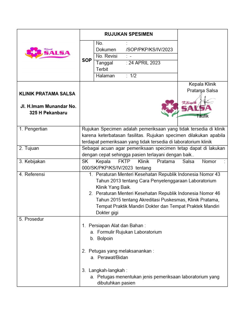 Sop Rujukan Spesimen | PDF