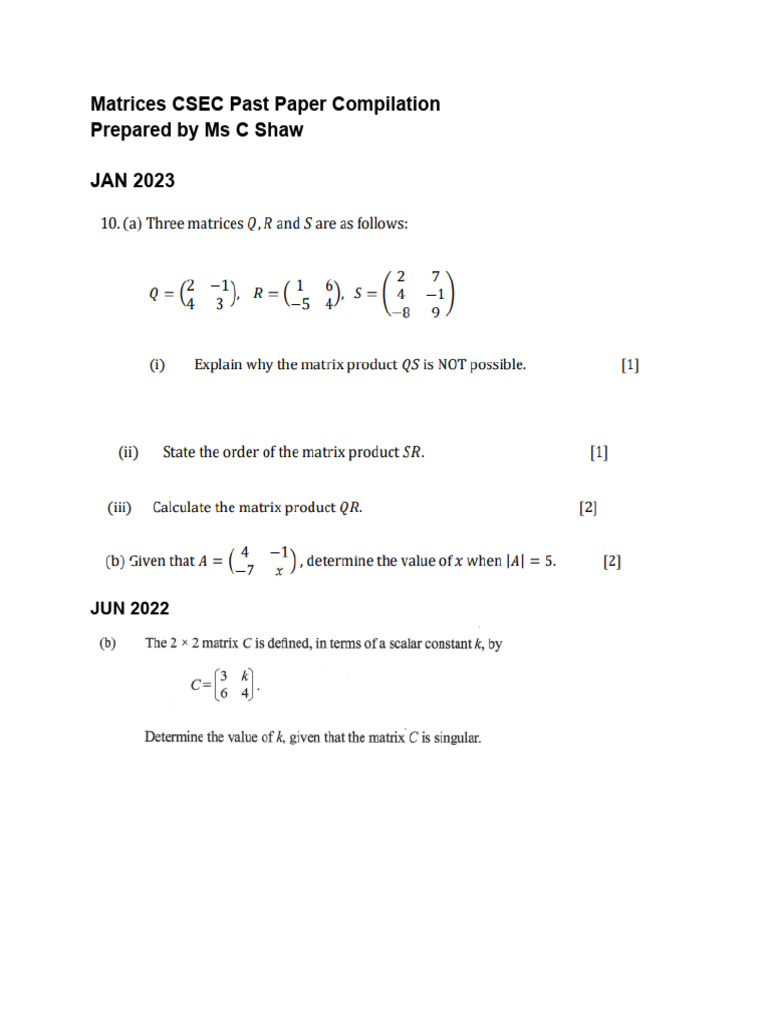 Matrices CSEC Past Paper Compilation | PDF