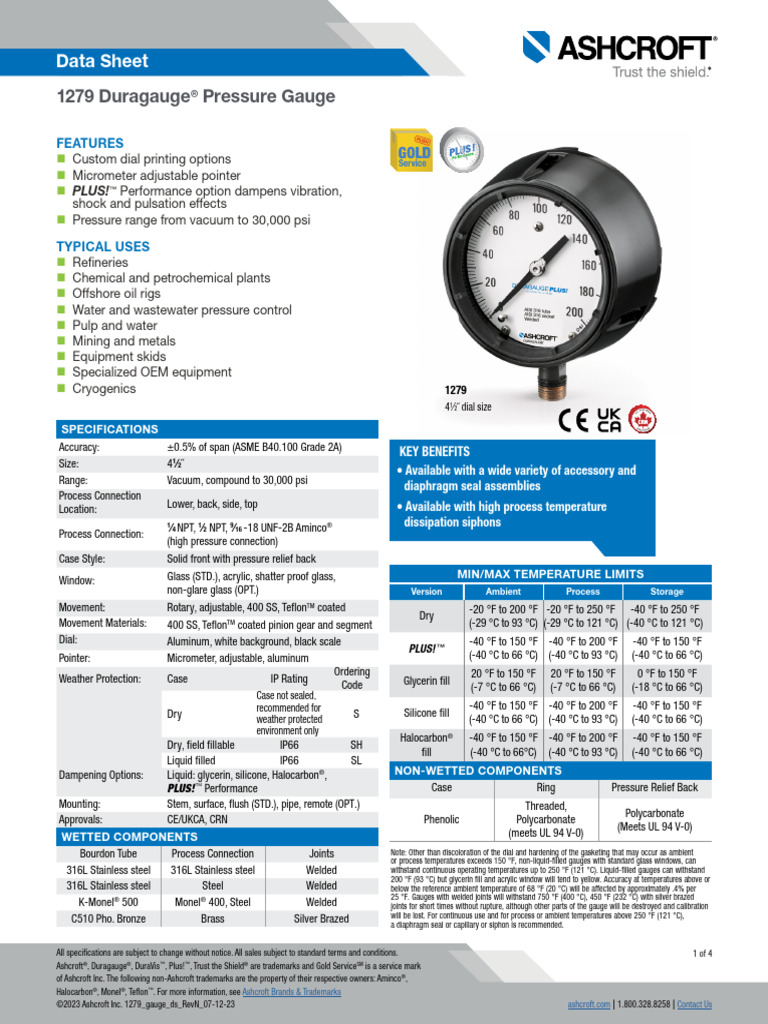 ASHCROFT 1279 Pressure Gauge | PDF | Pressure Measurement | Pipe (Fluid ...