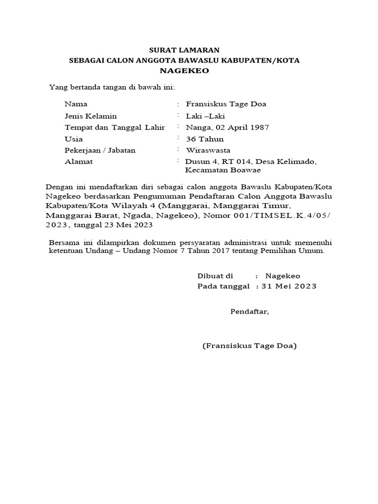 Lamaran Anggota Bawaslu Nagekeo | PDF