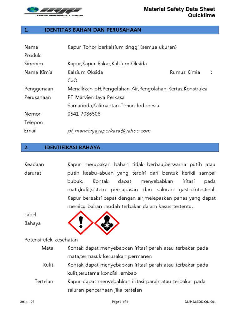 MSDS Kapur Tohor: Bahaya dan Penanganan | PDF