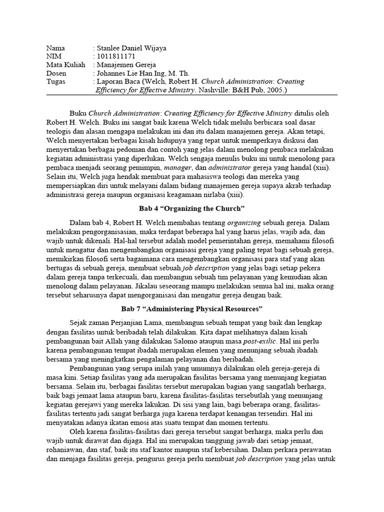 Laporan Baca Manajemen Gereja (Robert H. Welch - Church Administration) | PDF