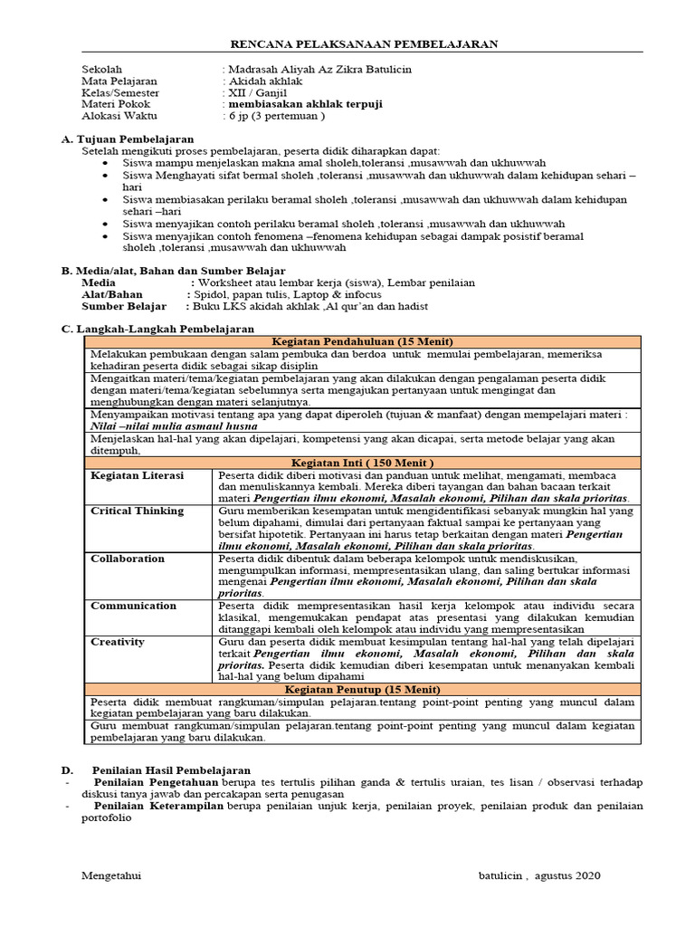 RPP Akidah Akhlak Bab 2 Kelas Xii | PDF | Pengembangan Diri | Sains & Matematika