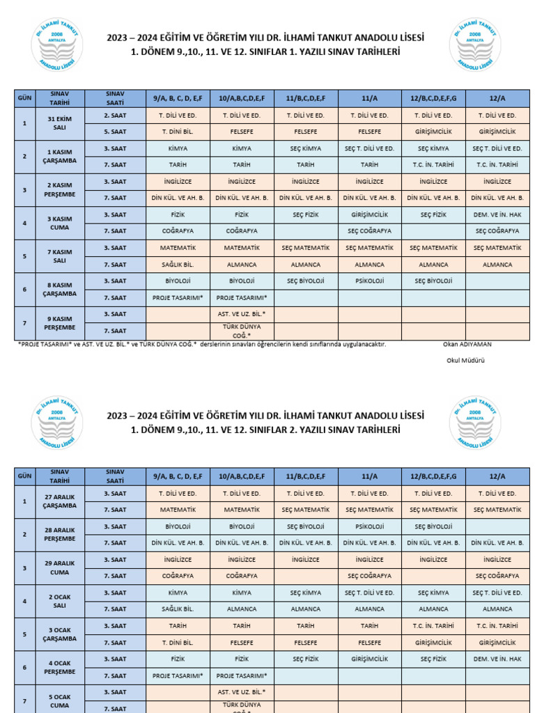 2023-2024 1.dönem 1. Ve 2. Sinav Takvi̇mi̇ (Güncel 30-10-2023) | PDF