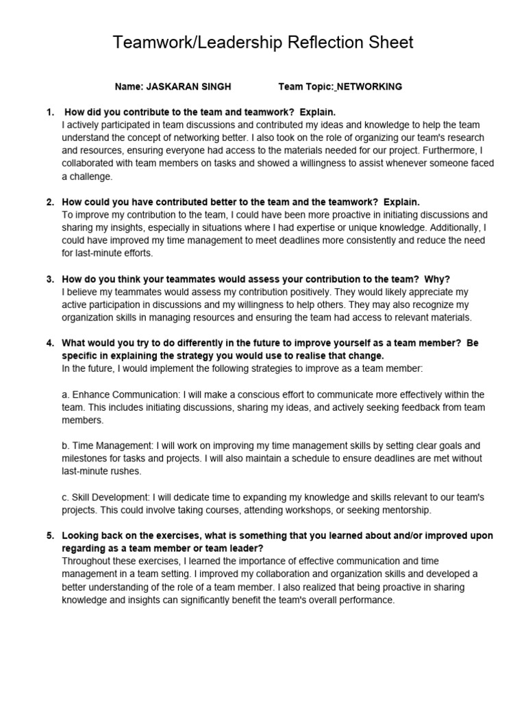 Week 7 Teamwork and Leadership Reflection Sheet | PDF | Leadership ...