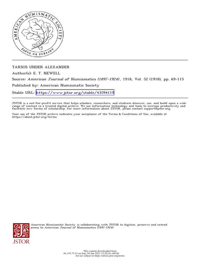 Tarsos Under Alexander by E.T. Newell (1918) | PDF | Achaemenid Empire ... Tarsos Under Alexander by E.T. Newell (1918) | PDF | Achaemenid Empire ...