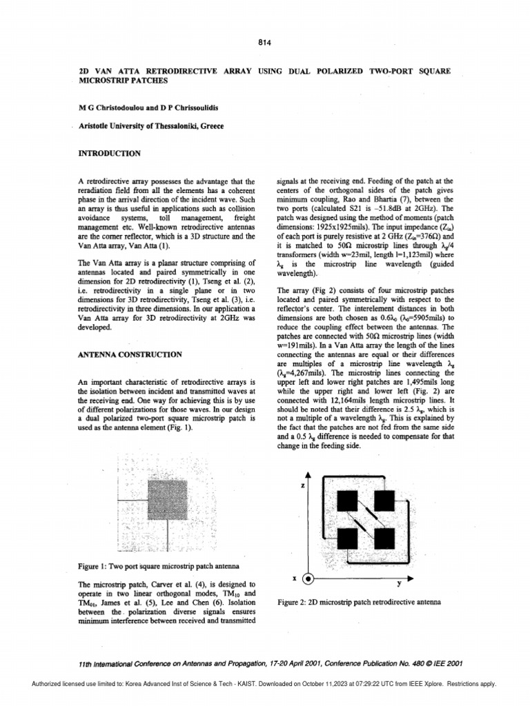 2D Van Atta Retrodirective Array Using Dual Polarized Two-Port Square Microstrip Patches | PDF ...