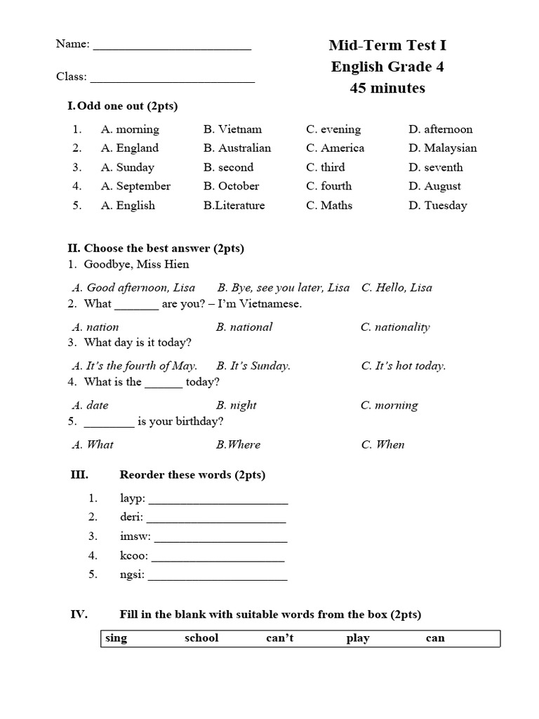 MidTerm Test English 4 | PDF