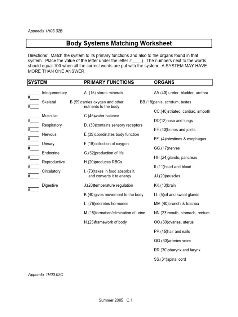 Body Systems Matching Worksheet | PDF | Human Body | Animal Anatomy