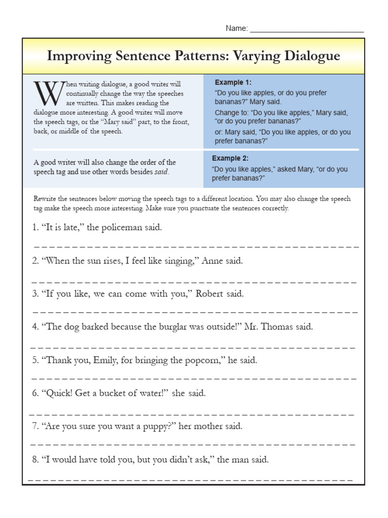 2. Worksheet - Improving Sentence Patterns Varying Dialogue (ST) | PDF ...