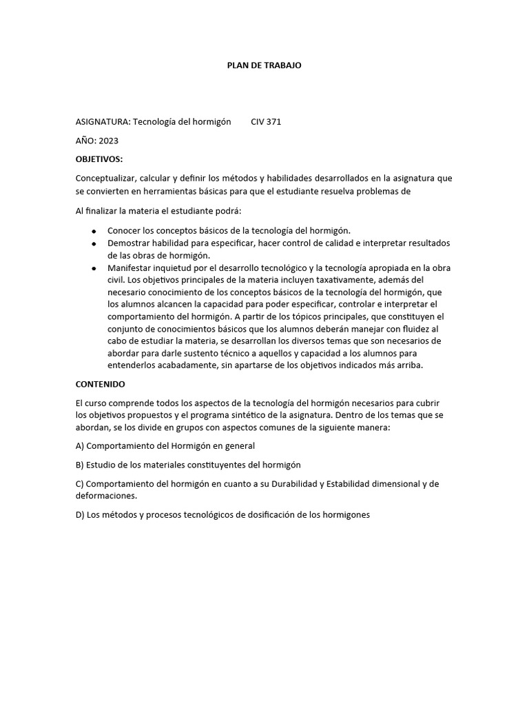 Plan de Trabajo - Tec.h | PDF | Hormigón