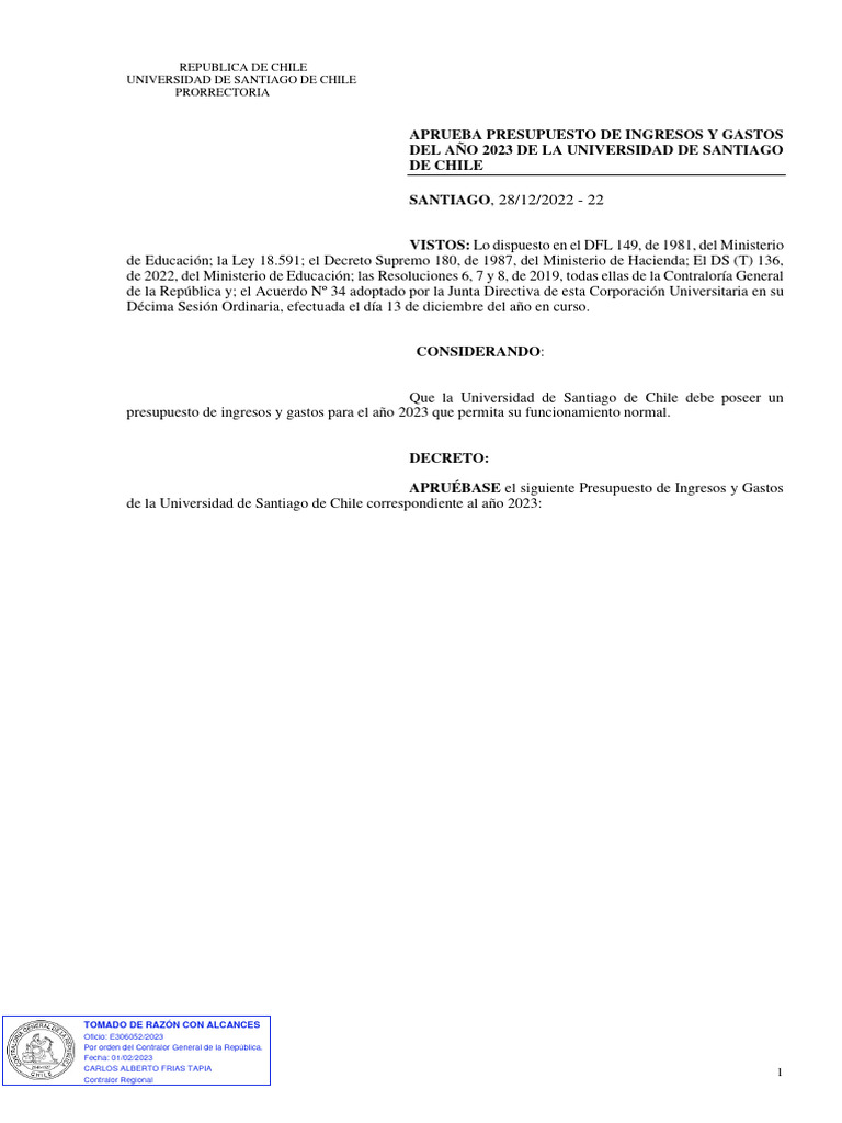 Decreto Ndeg 22 de 2022 de Universidad de Santiago de Chile Contraloria ...