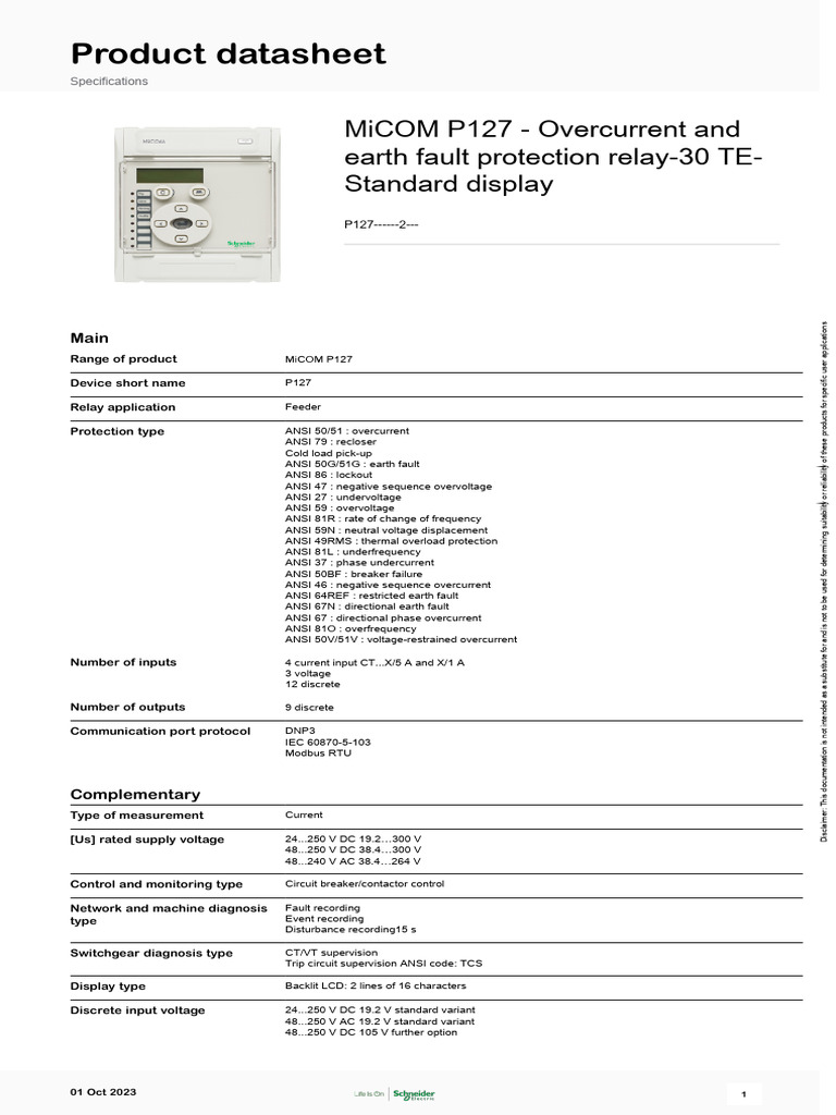 Product Datasheet: Micom P127 - Overcurrent and Earth Fault Protection Relay-30 Te-Standard ...
