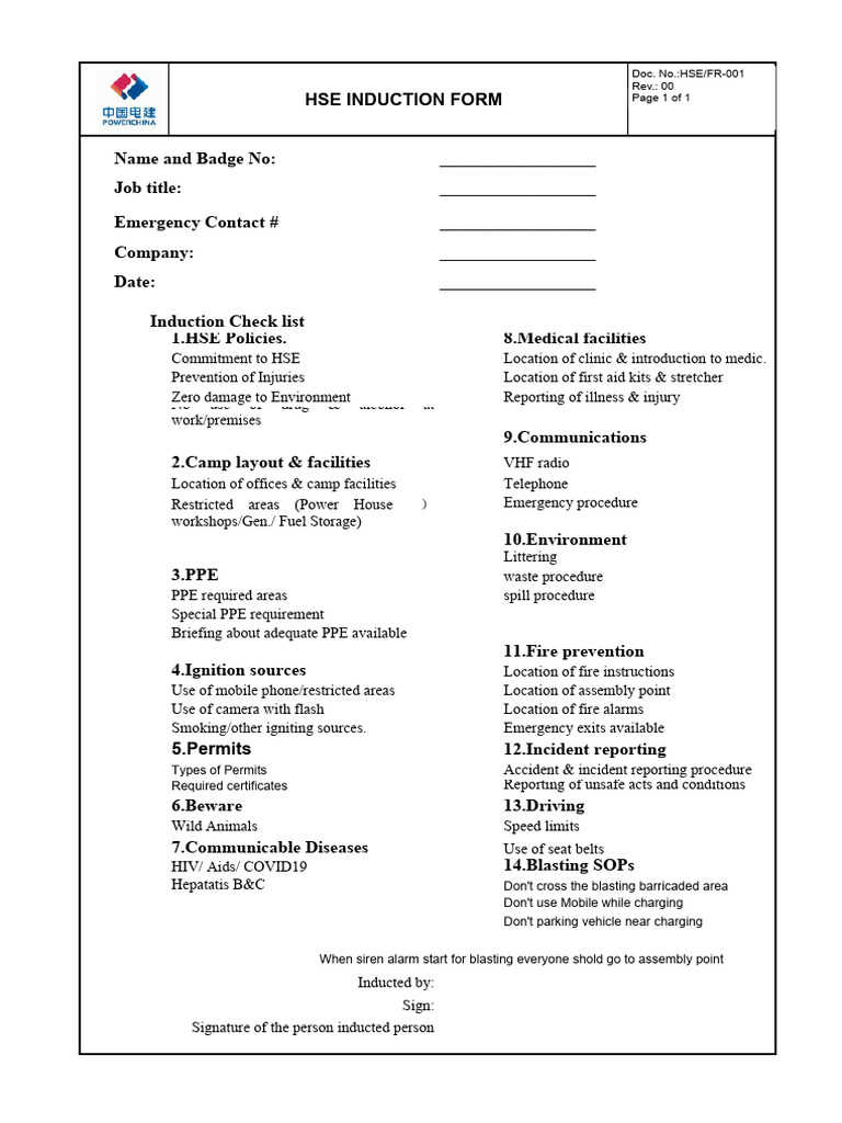 1 HSE Induction Form | PDF | Emergency | Safety