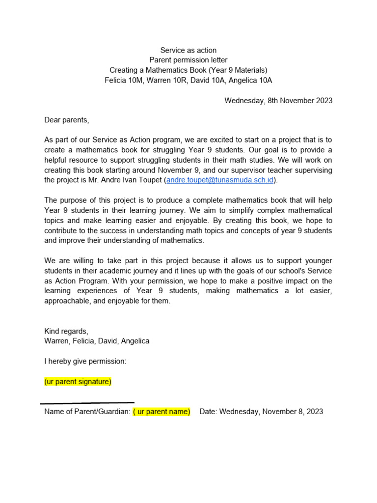 Parent - Permission - Letter - David, Warren, Felicia, Angelica | PDF