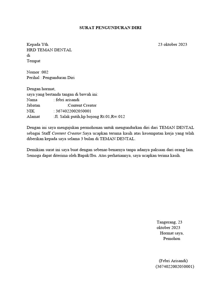 Surat Pengunduran Diri Sederhana | PDF