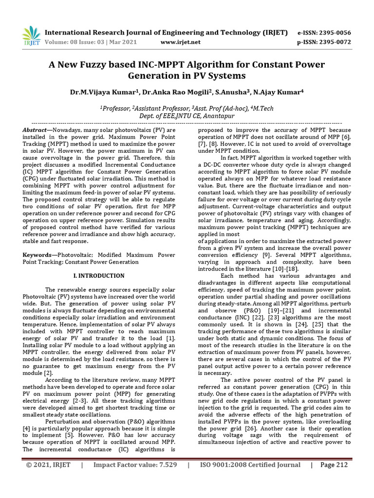 A New Fuzzy Based INC MPPT Algorithm For | PDF | Photovoltaics | Energy ...