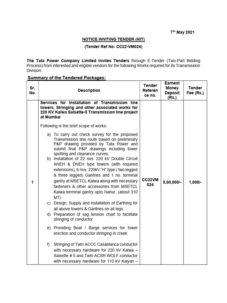 Transmission Line Tender Notice | PDF | Electric Power | Electricity