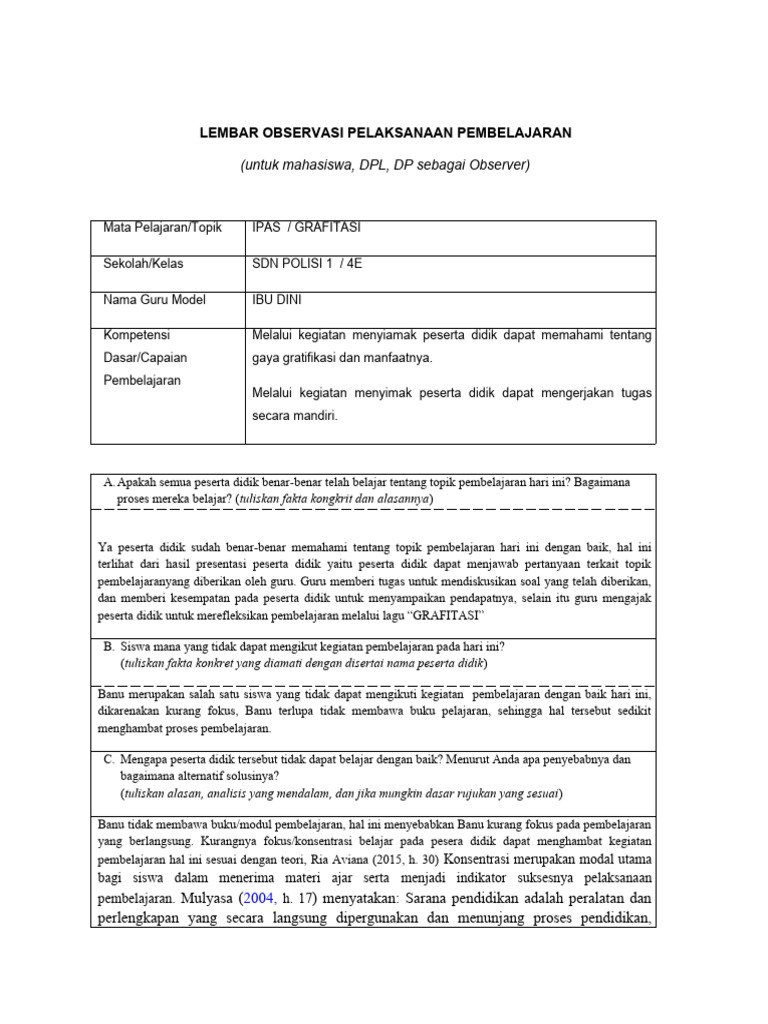 Lampiran 5. LK 4 Format Lembar Observasi Pelaksanaan Pembelajaran Untuk Observer | PDF ...
