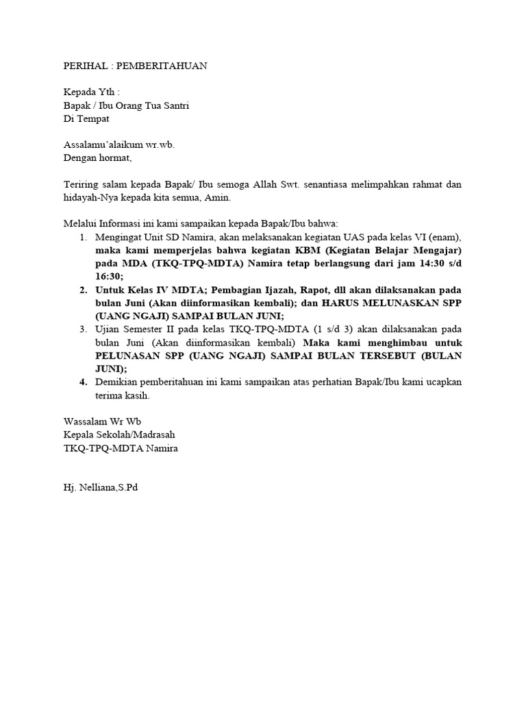 Format Tagihan Uang SPP Santri (Uang Ngaji) Tkq-Tpq-Mdta Namira | PDF ...